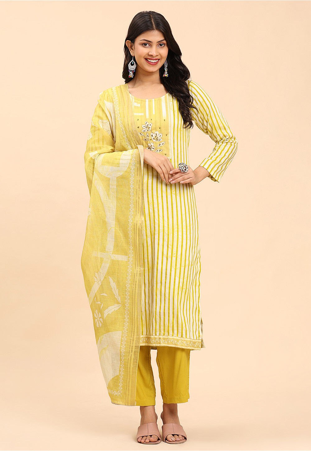 Buy Stripe Print Pure Cotton Pakistani Suit in Off White and Yellow ...