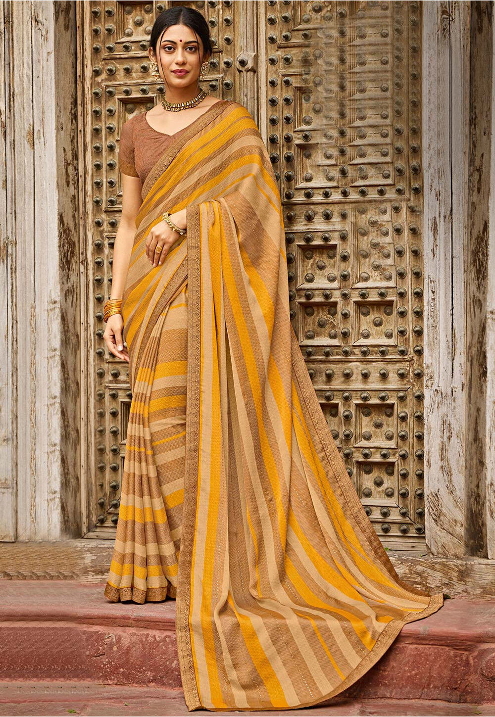 Buy Stripe Printed Chiffon Saree in Beige and Yellow Online : SSF21091 ...