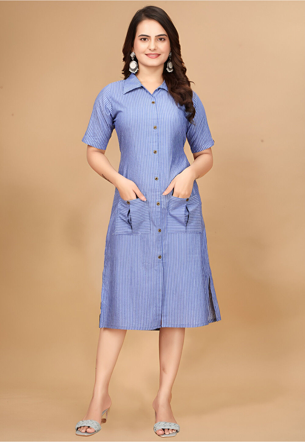 Buy Stripe Printed Cotton Button Down Dress in Light Blue Online ...