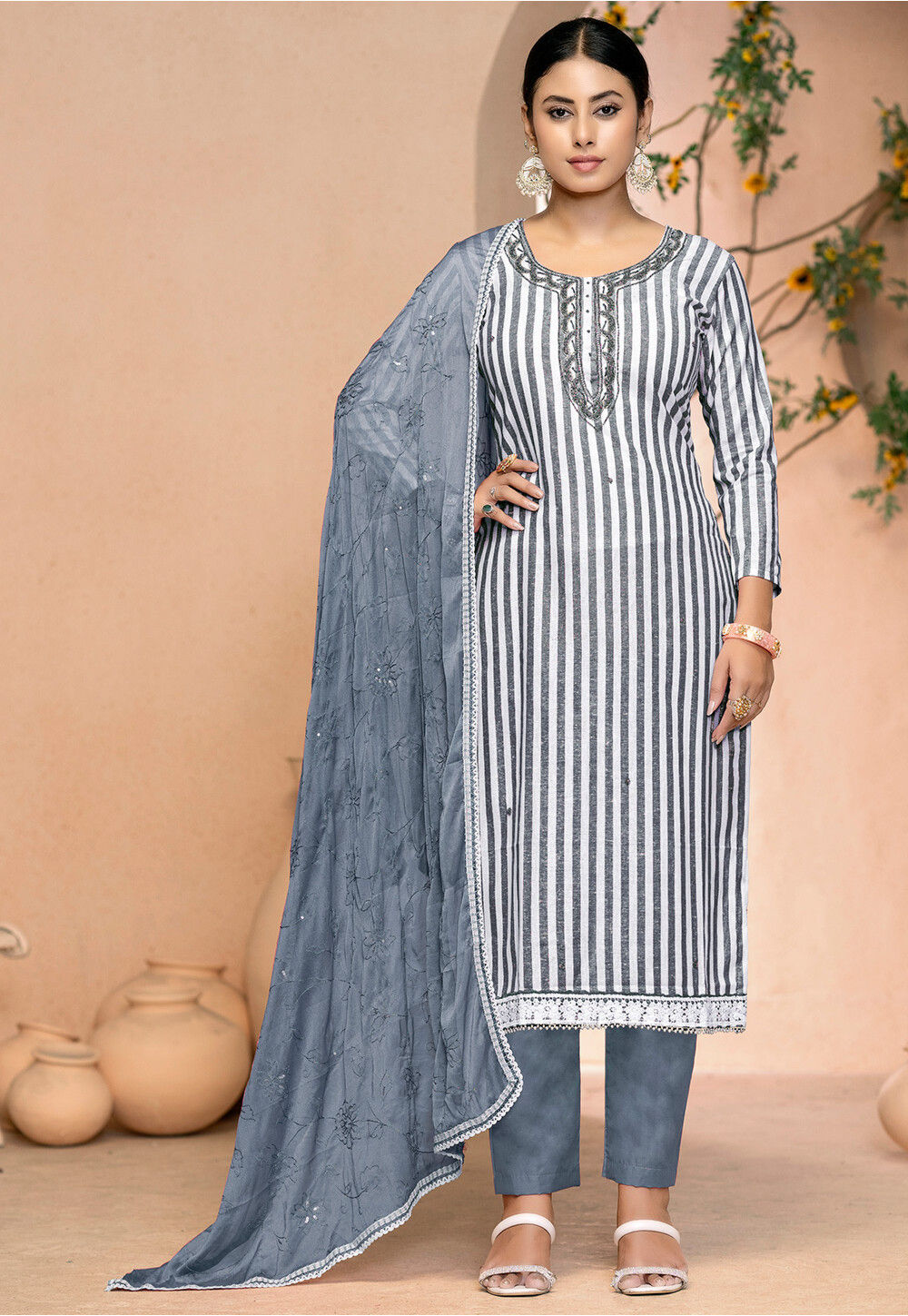 Buy Stripe Printed Cotton Pakistani Suit in Grey Online : KYE2422 ...