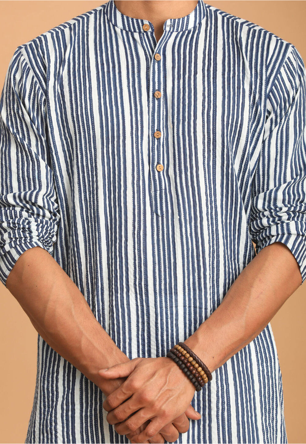 Buy Stripe Printed Pure Cotton Kurta Set in Dark Blue and White Online ...