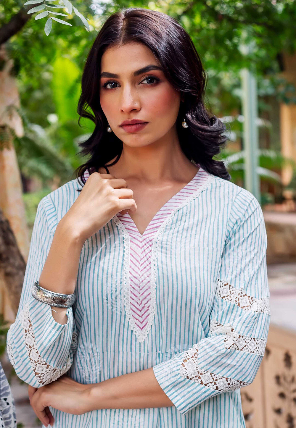 Buy Stripe Printed Pure Cotton Straight Kurta Set in Off White Online ...