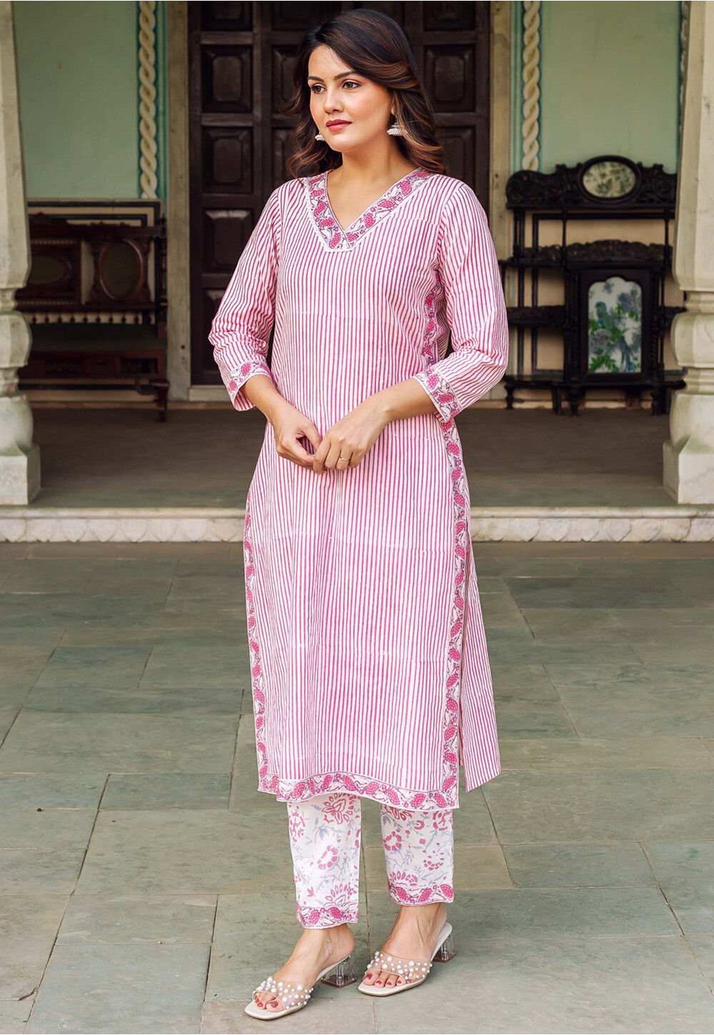 Buy Stripe Printed Pure Cotton Straight Kurta Set in Pink and White ...