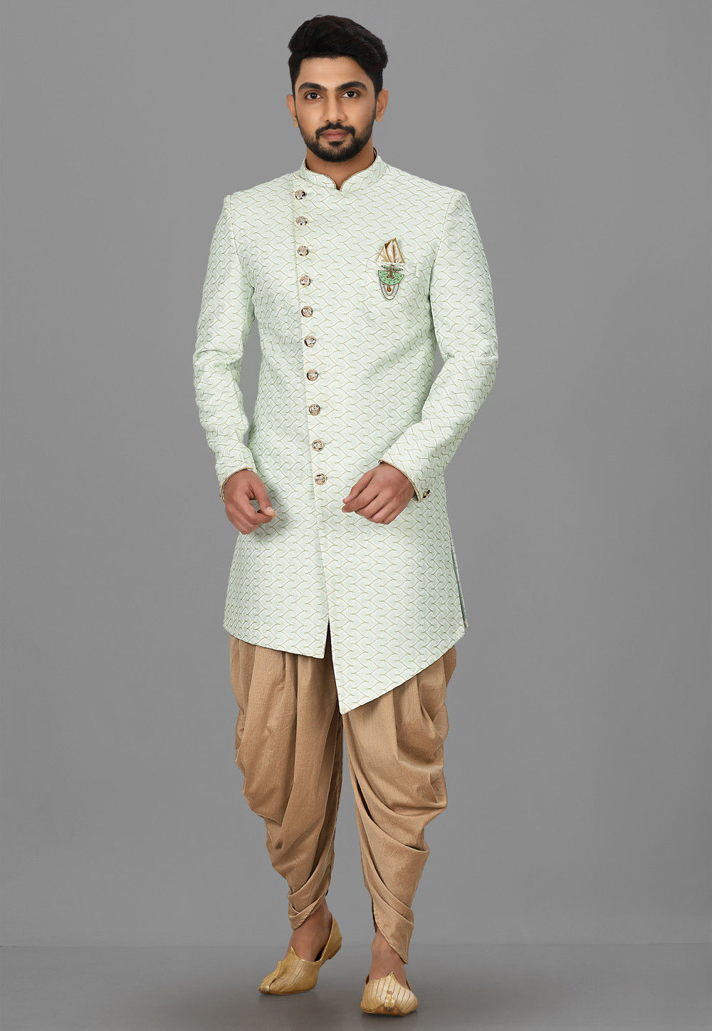 Buy Textured Polyester Asymmteric Sherwani in Pastel Green Online ...
