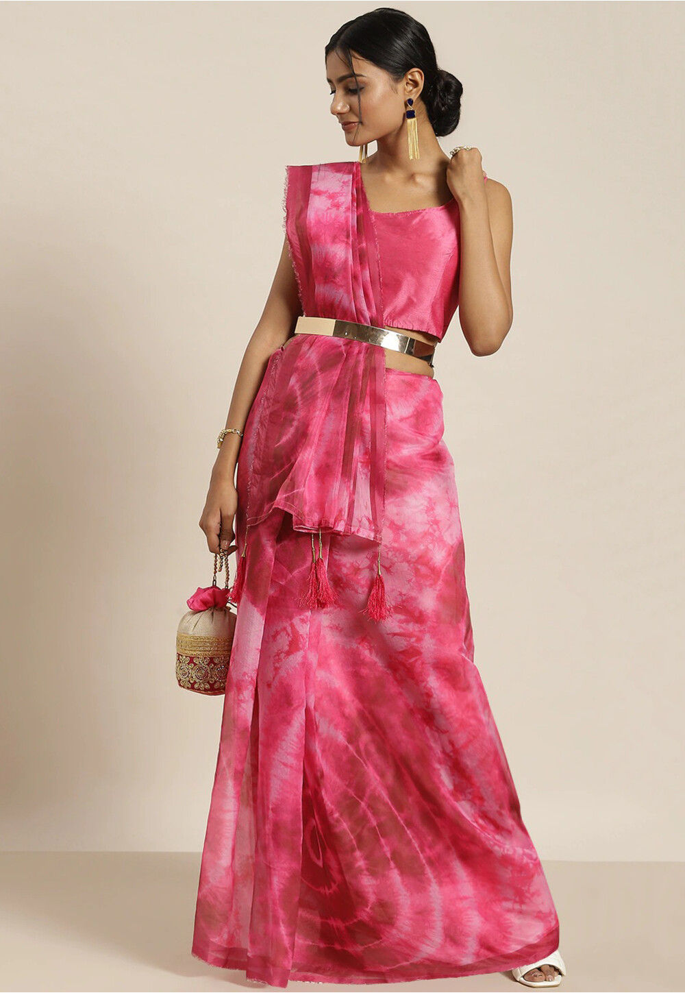 Buy Tie Dye Printed Organza Saree in Pink Online : SBHA2585 - Utsav Fashion