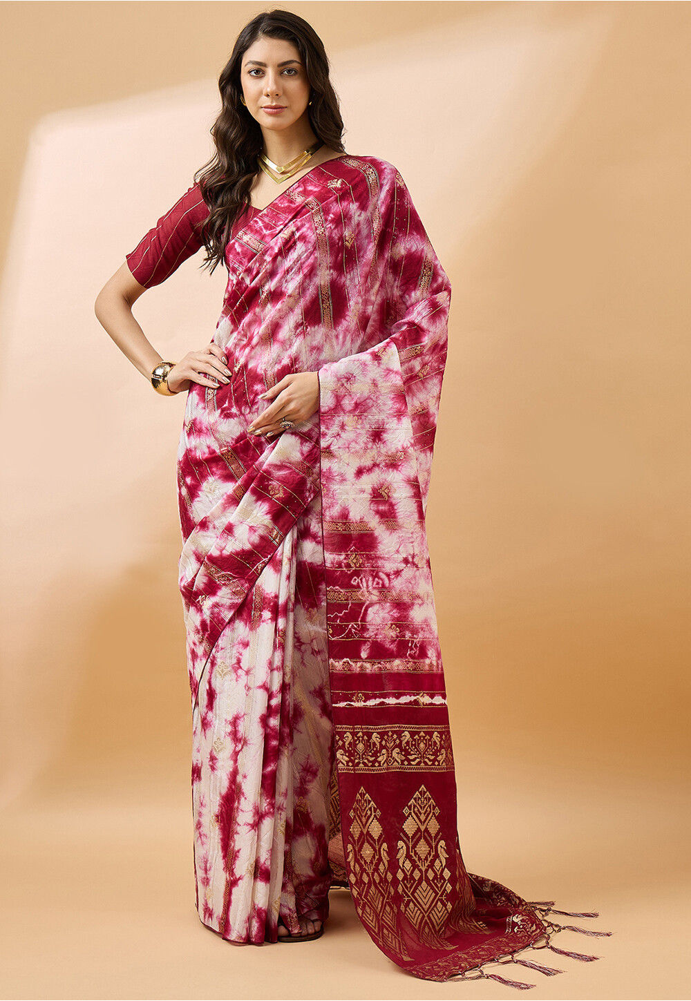 Buy Tie Dyed Cotton Silk Saree in Off White and Magenta Online : SUY116 ...