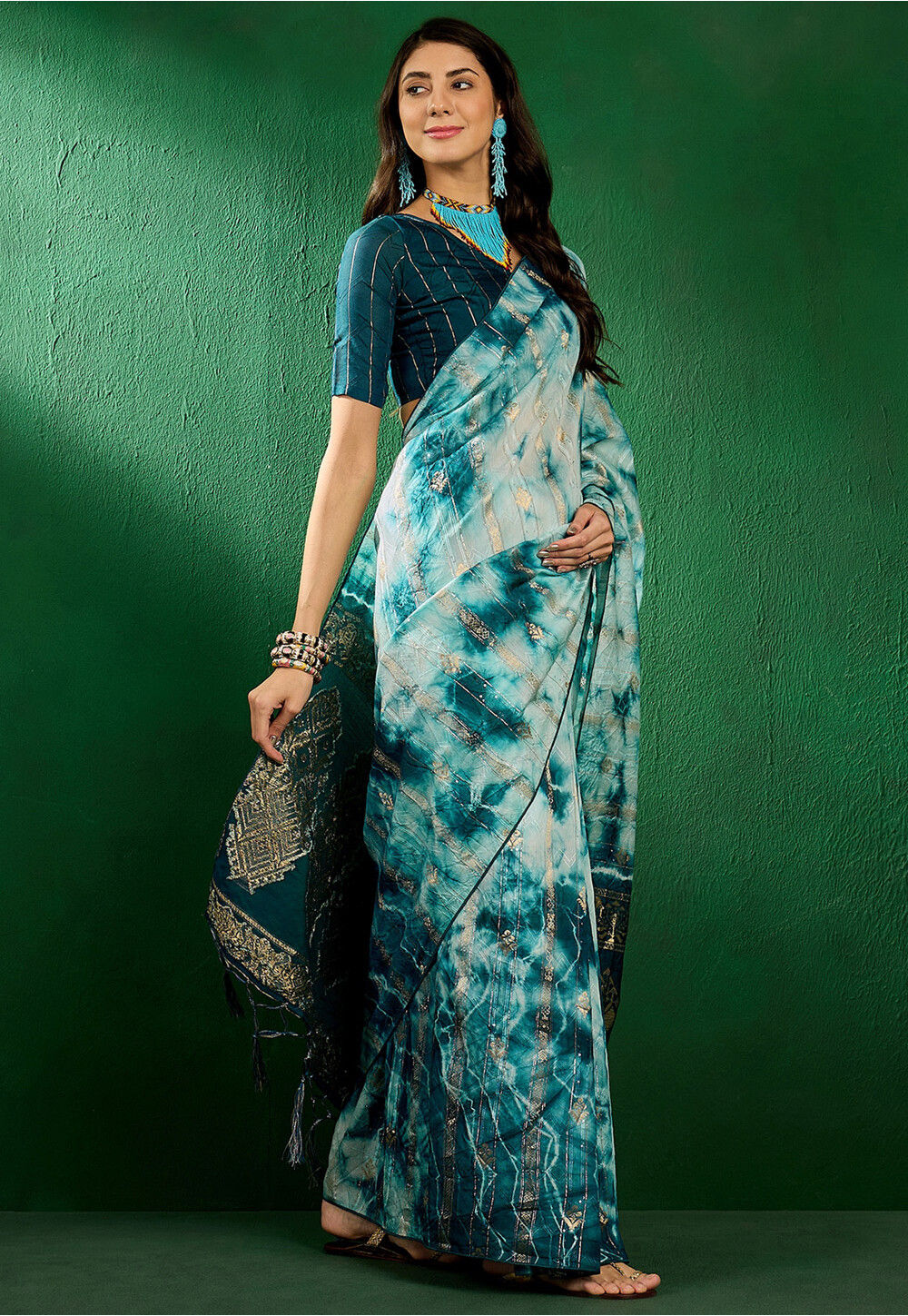 Buy Tie Dyed Cotton Silk Saree in Off White and Teal Blue Online ...