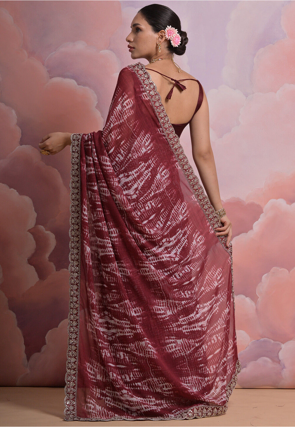 Buy Tie Dyed Georgette Scalloped Saree in Maroon Online : SPF10362 ...