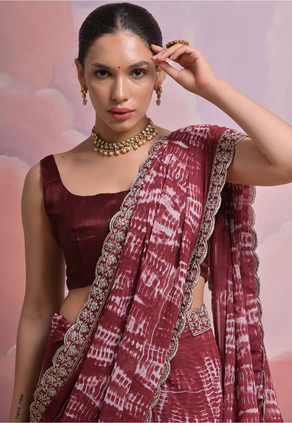 Buy Tie Dyed Georgette Scalloped Saree in Maroon Online : SPF10362 ...