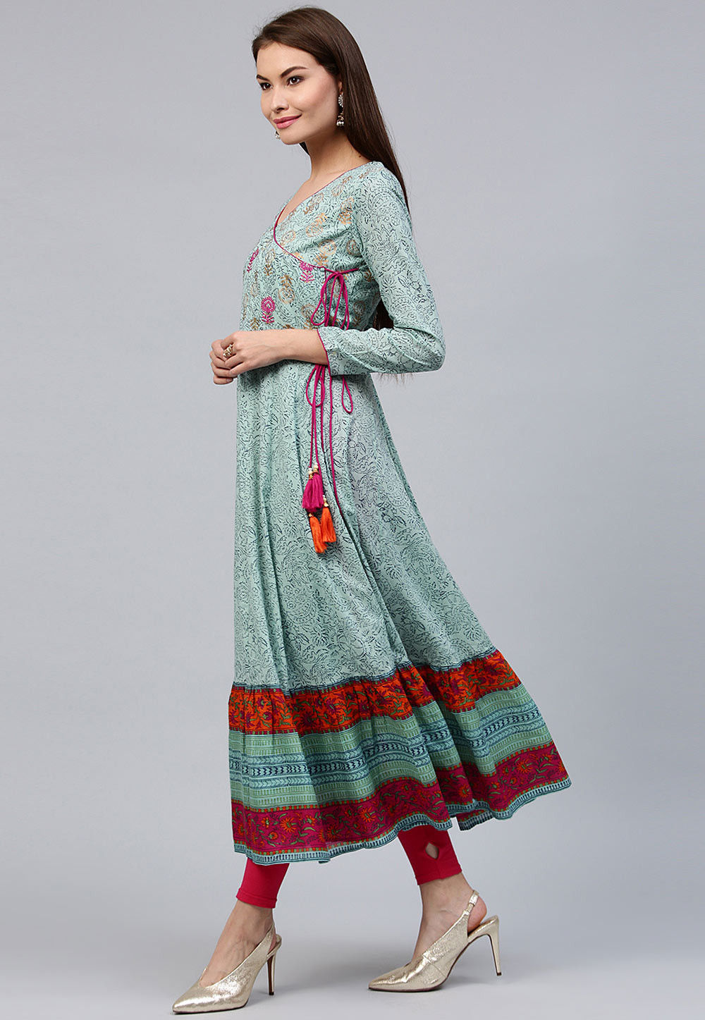 Buy Printed Cotton Angrakha Style Anarkali Kurta in Light Blue Online ...