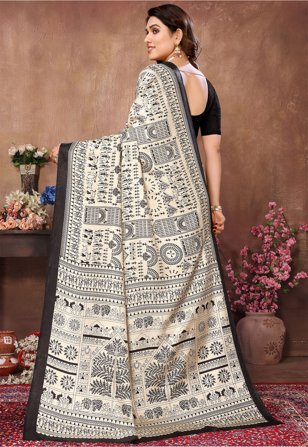 Buy Warli Printed Art Silk Saree in Cream Online : SPF10946 - Utsav Fashion