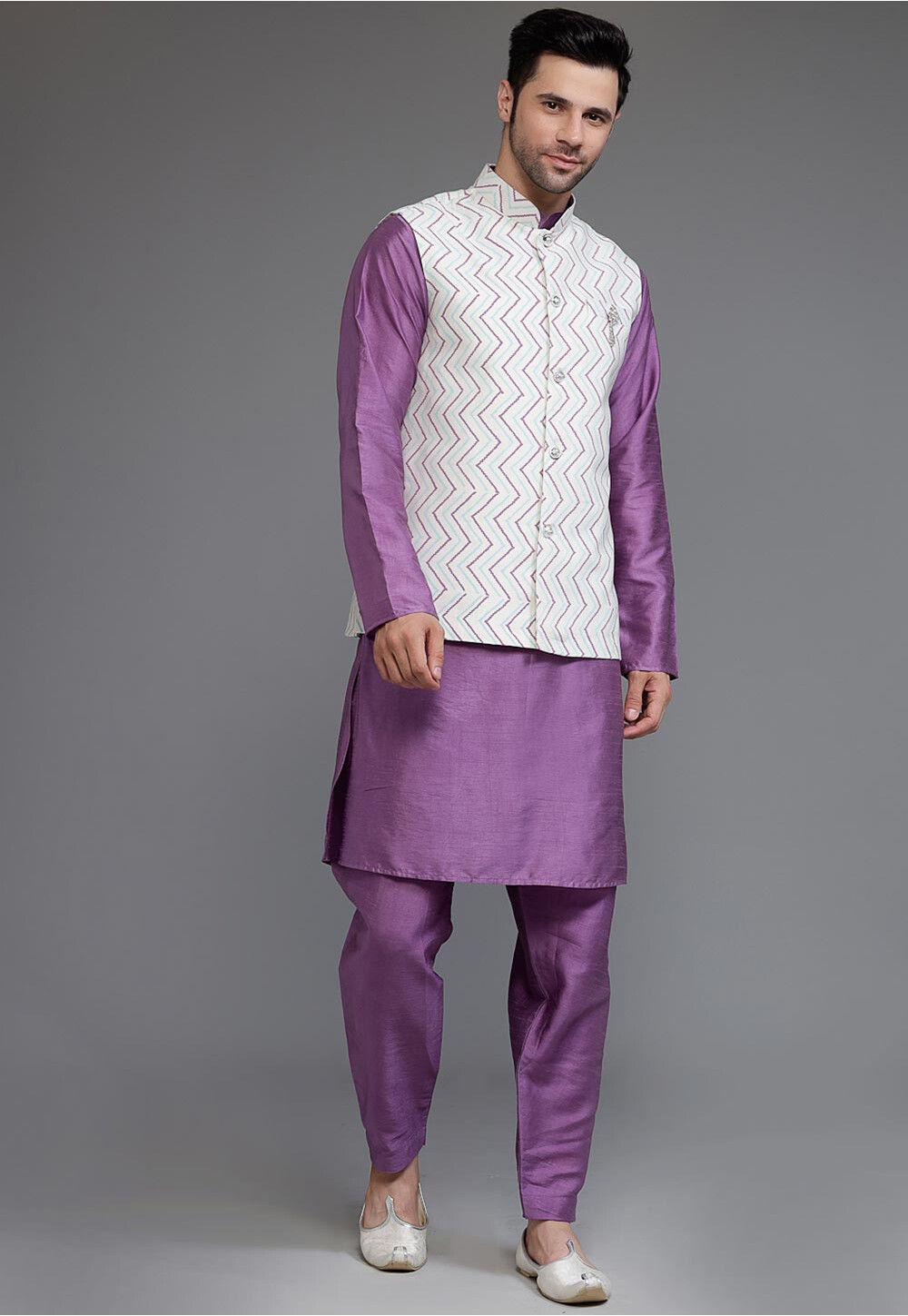 Buy Woven Art Dupion Silk Kurta Jacket Set in Purple and Off White ...