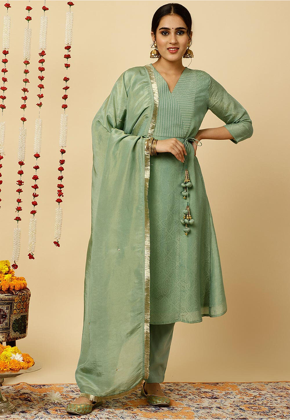 Buy Woven Art Silk A Line Suit in Dusty Green Online : KTN725 - Utsav ...