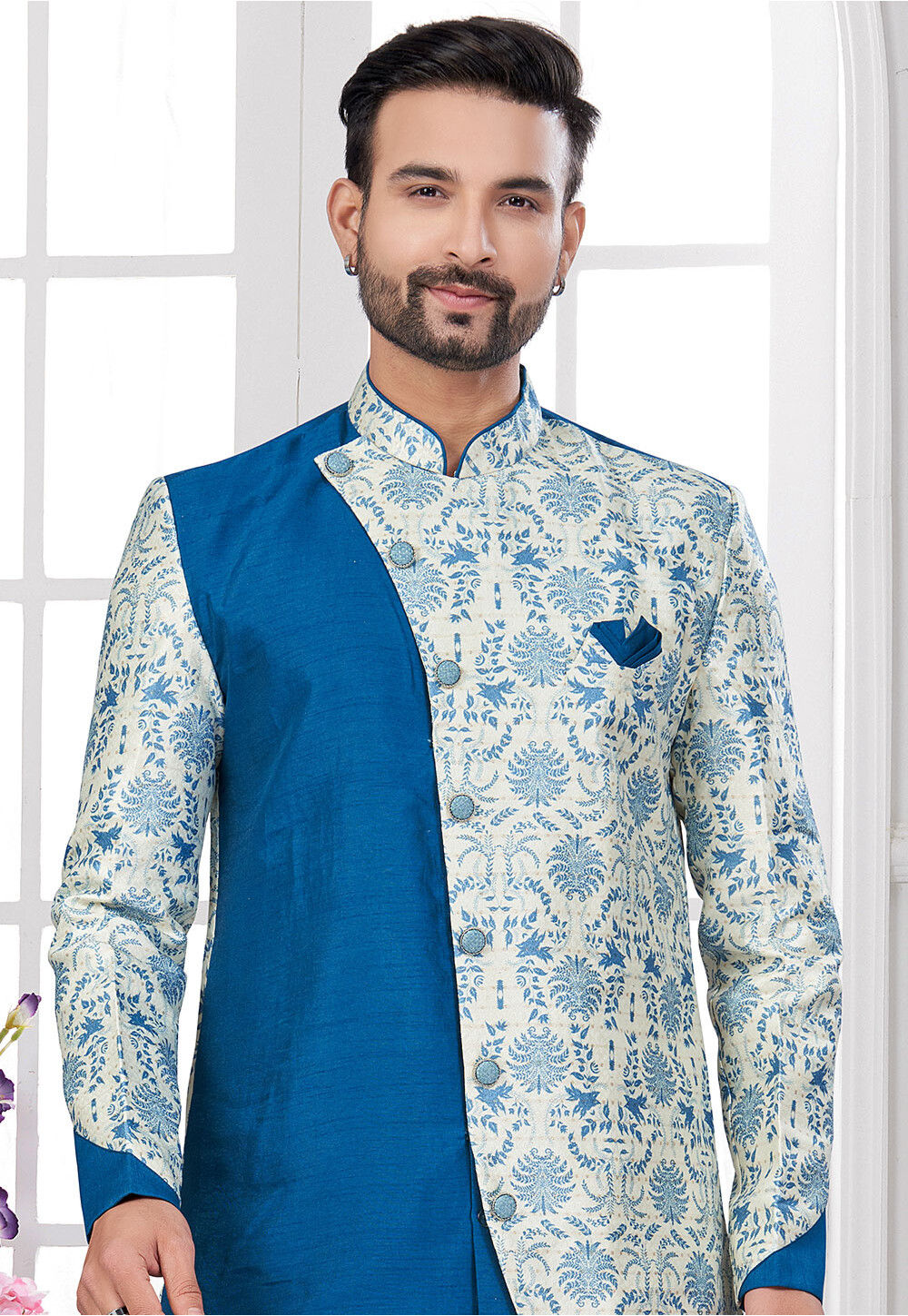 Buy Woven Art Silk and Art Silk Jacquard Sherwani in Blue and Cream ...