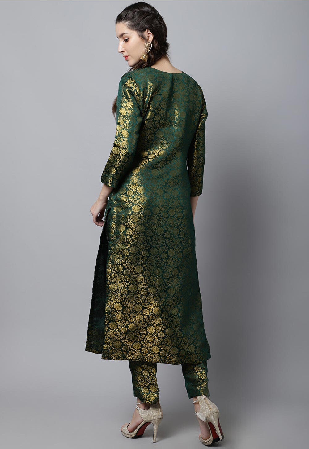 Buy Woven Art Silk Brocade Straight Kurta Set in Dark Green Online ...