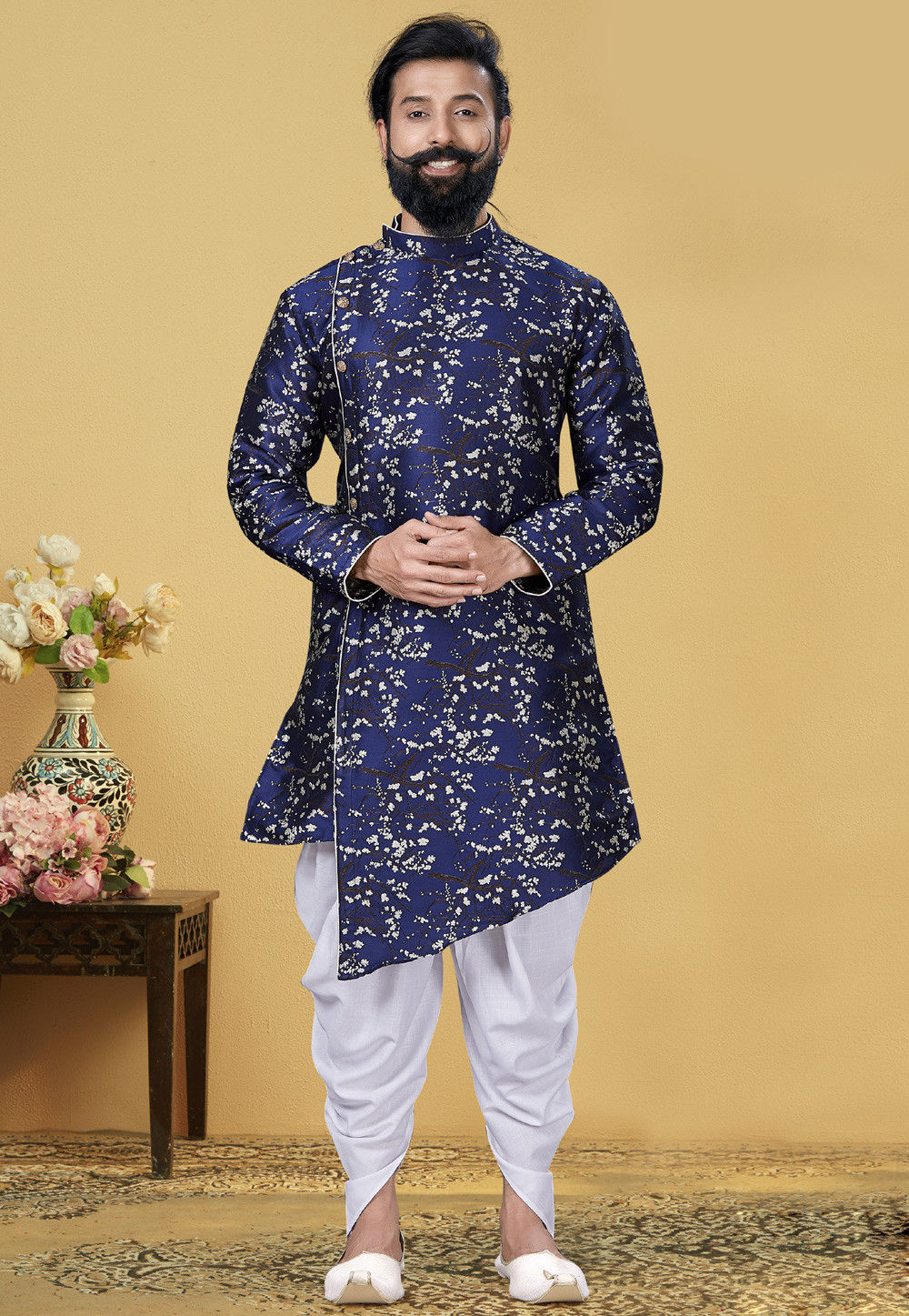 Buy Woven Art Silk Jacquard Asymmetric Dhoti Sherwani in Navy Blue ...