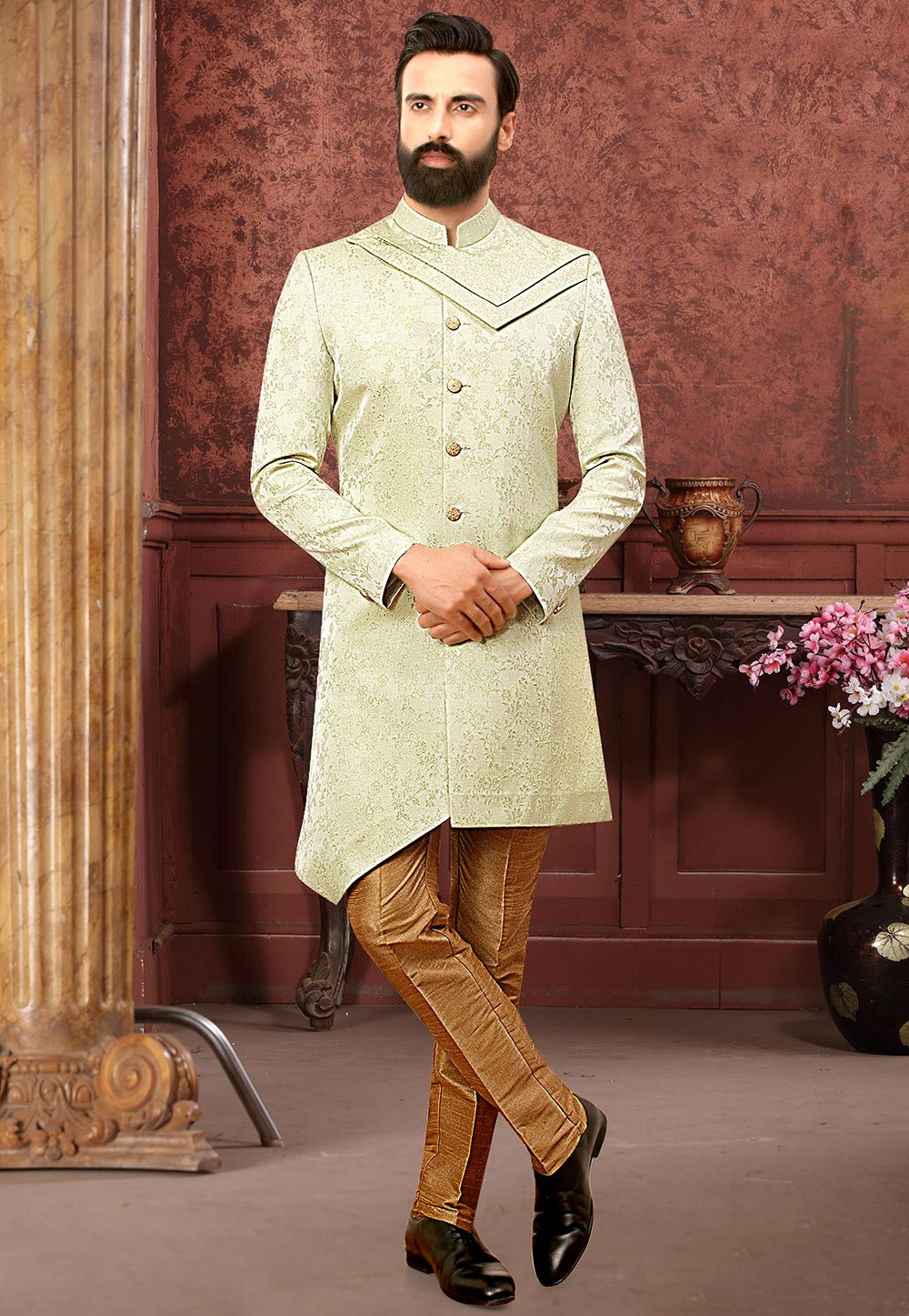 Buy Woven Art Silk Jacquard Asymmetric Sherwani in Pastel Green Online ...