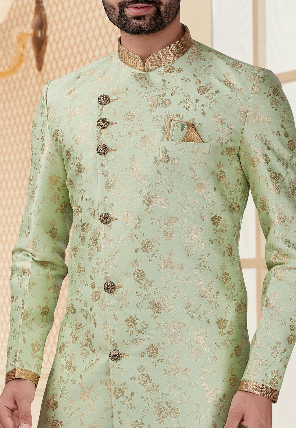 Buy Woven Art Silk Jacquard Asymmetric Sherwani in Pastel Green Online ...