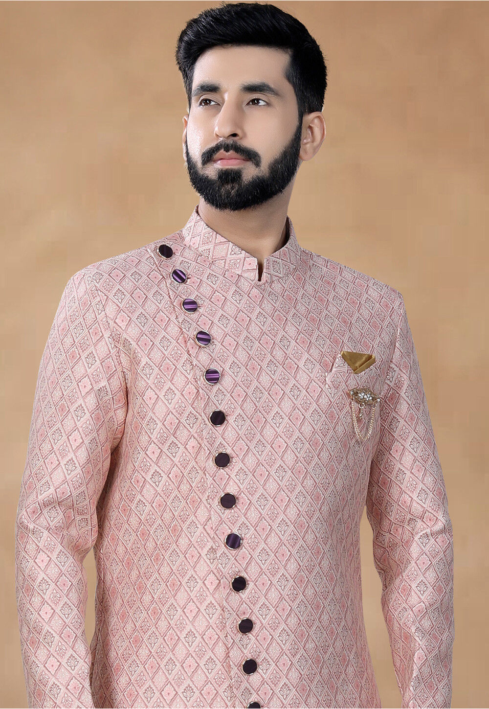 Buy Woven Art Silk Jacquard Asymmetric Sherwani in Pink Online ...
