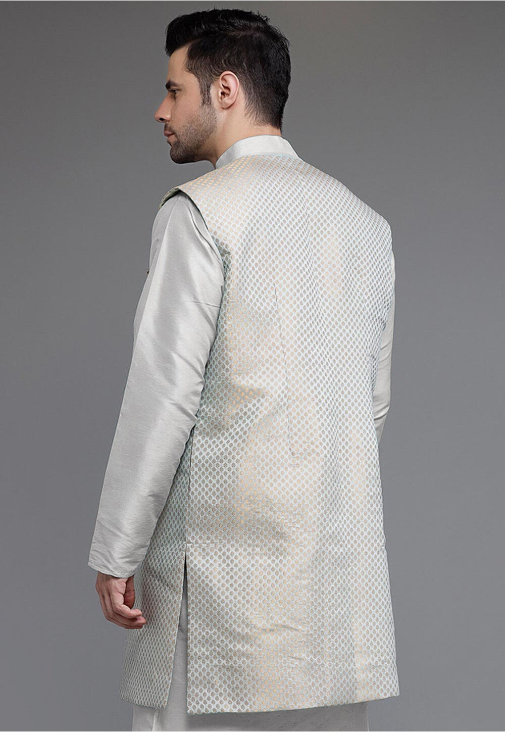 Buy Woven Art Silk Jacquard Front Open Long Jacket in Sky Blue Online ...