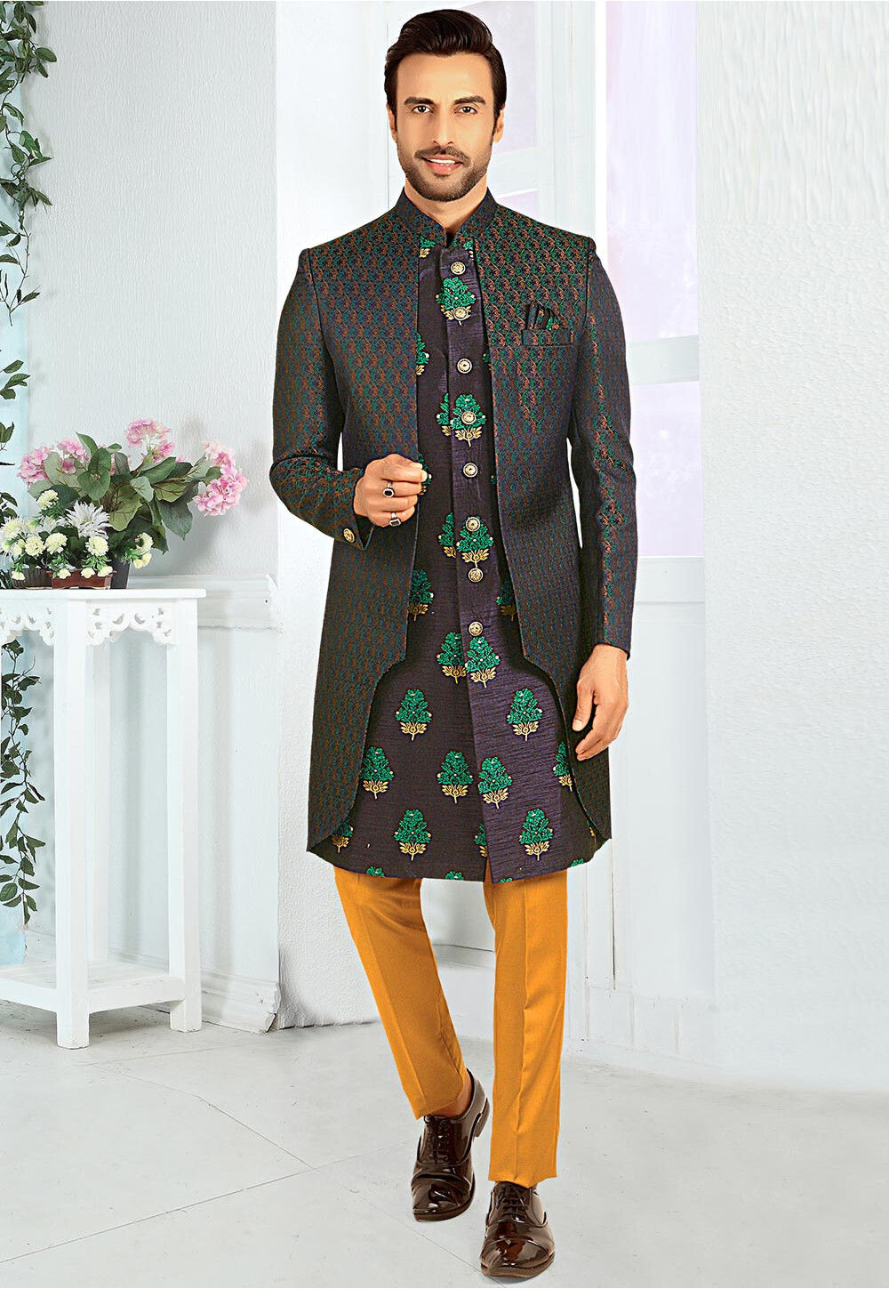Buy Woven Art Silk Jacquard Jacket Style Sherwani in Navy Blue Online ...