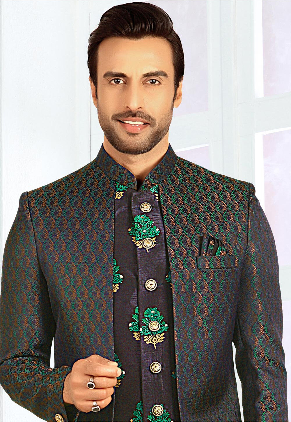 Buy Woven Art Silk Jacquard Jacket Style Sherwani in Navy Blue Online ...