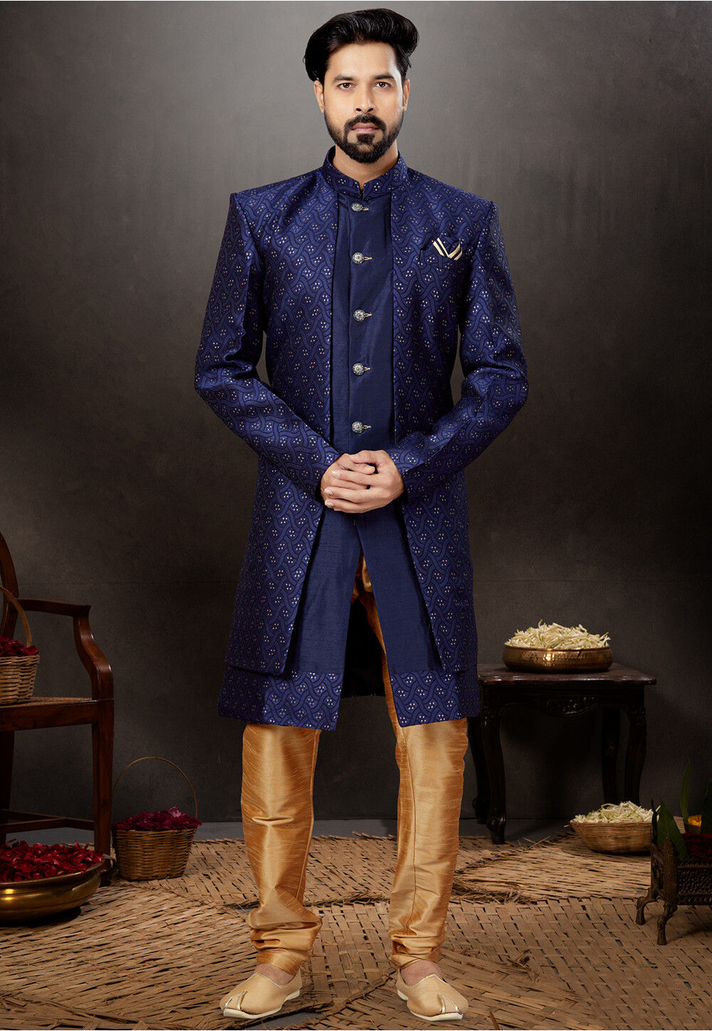 Buy Woven Art Silk Jacquard Jacket Style Sherwani in Navy Blue Online ...