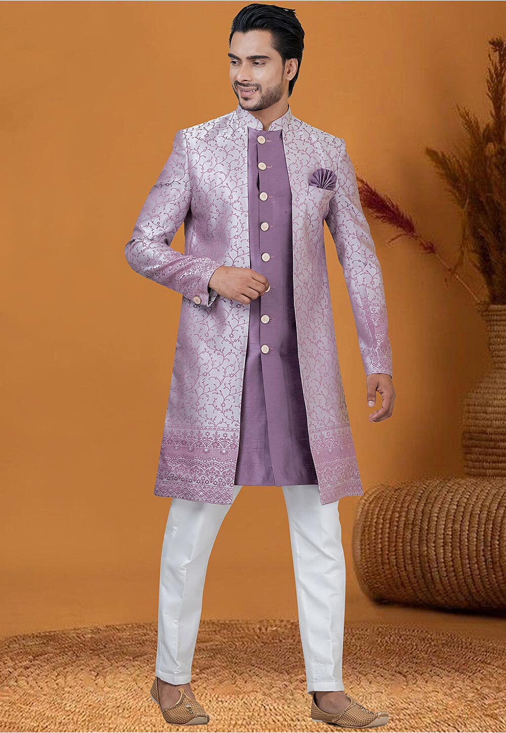 Buy Woven Art Silk Jacquard Jacket Style Sherwani in Purple Online ...