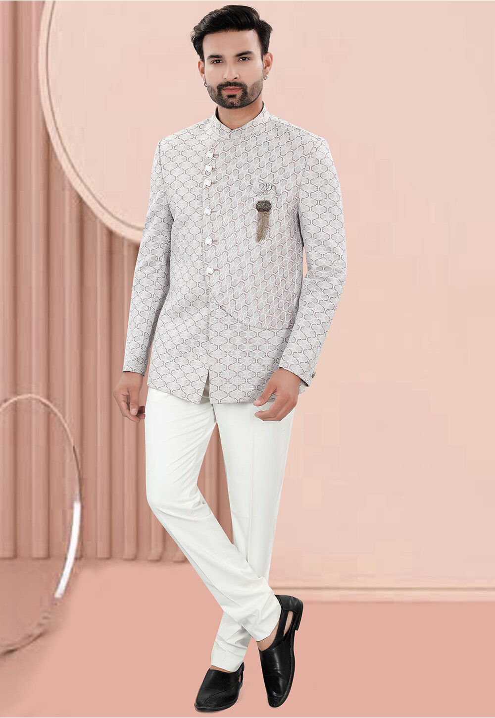 Buy Woven Art Silk Jacquard Jodhpuri Jacket in Light Grey Online ...