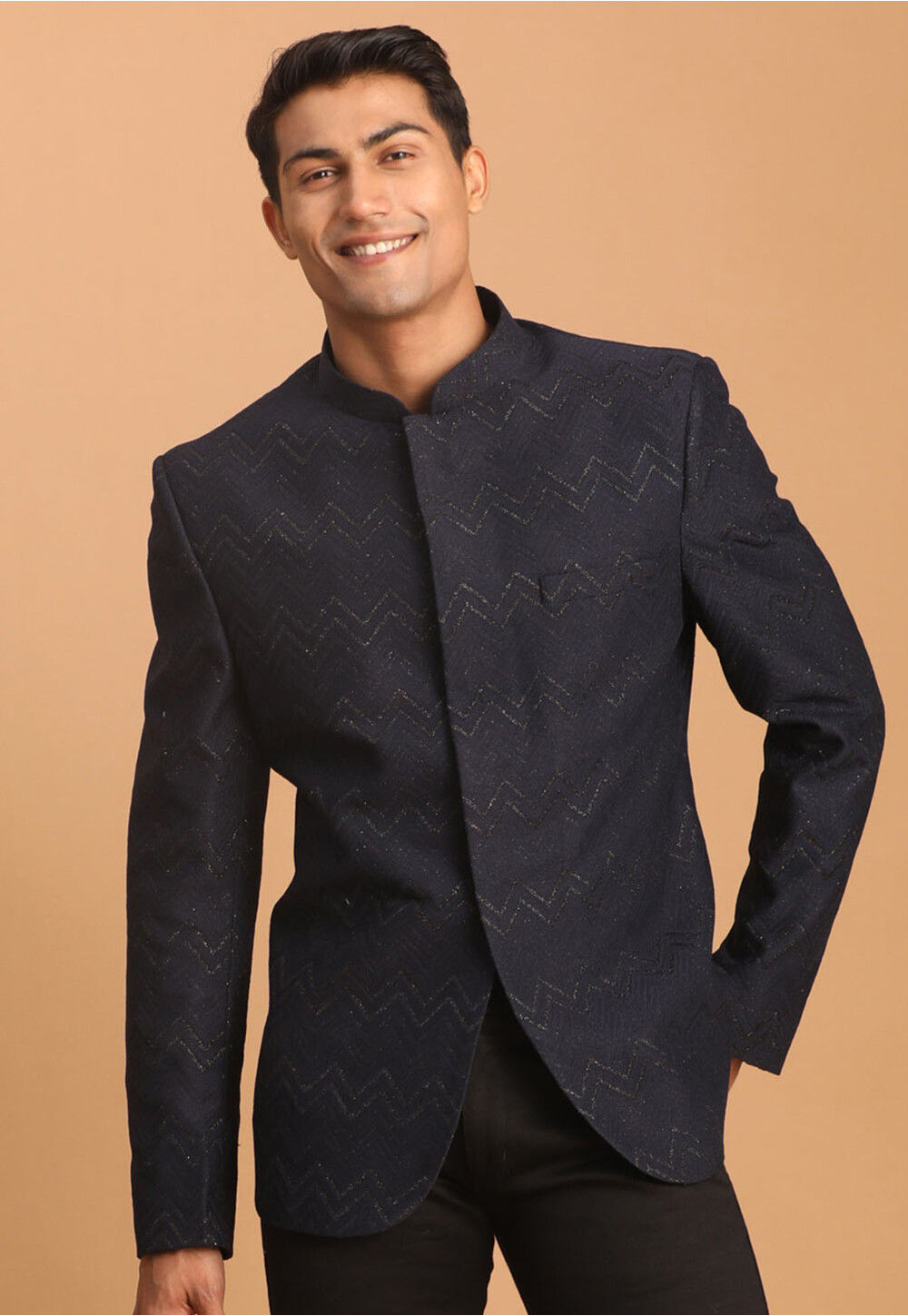 Buy Woven Art Silk Jacquard Jodhpuri Jacket in Navy Blue Online ...