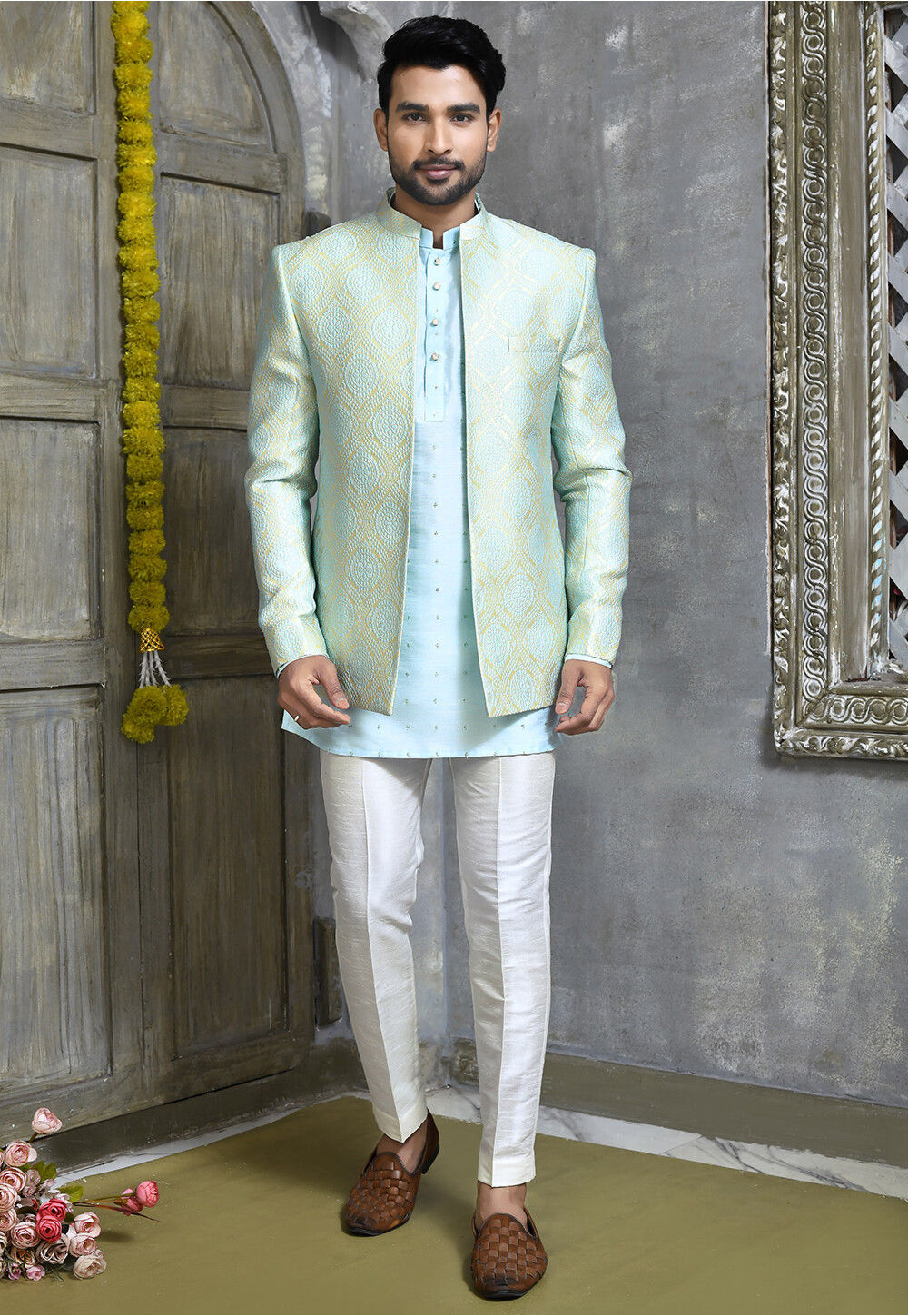 Buy Woven Art Silk Jacquard Jodhpuri Suit in Cream and Sky Blue Online ...