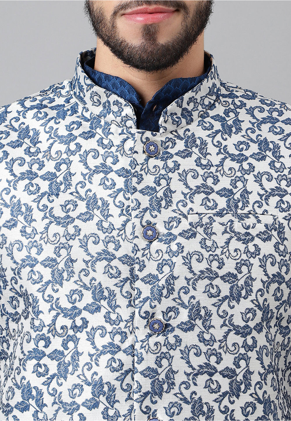 Buy Woven Art Silk Jacquard Kurta Jacket Set in Blue and Off White ...