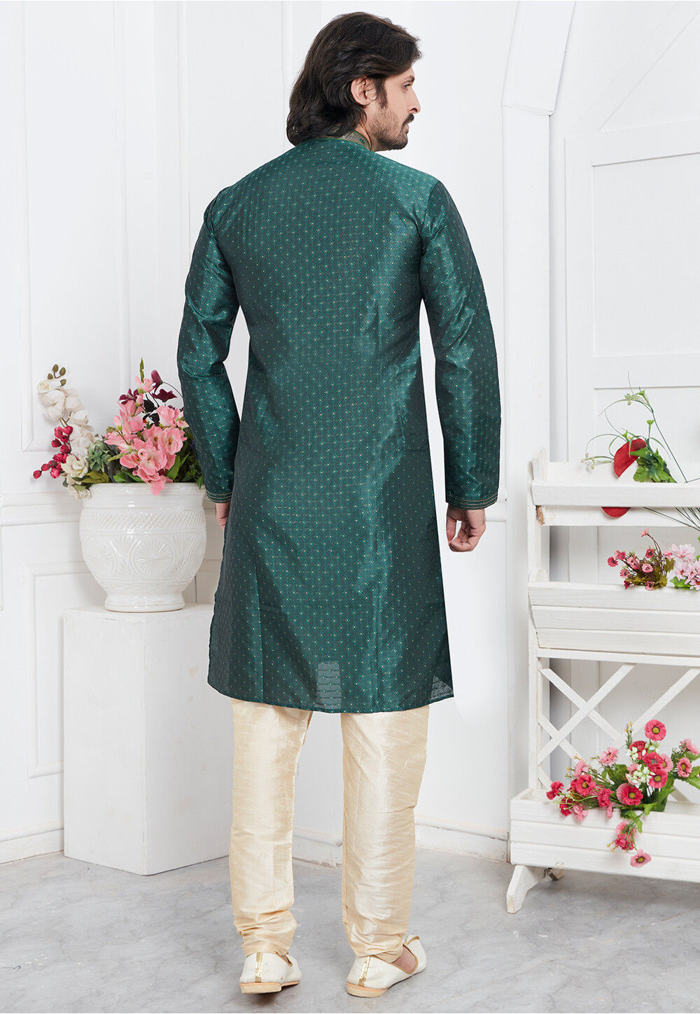 Buy Woven Art Silk Jacquard Kurta Set in Dark Green Online : MLY3078 ...