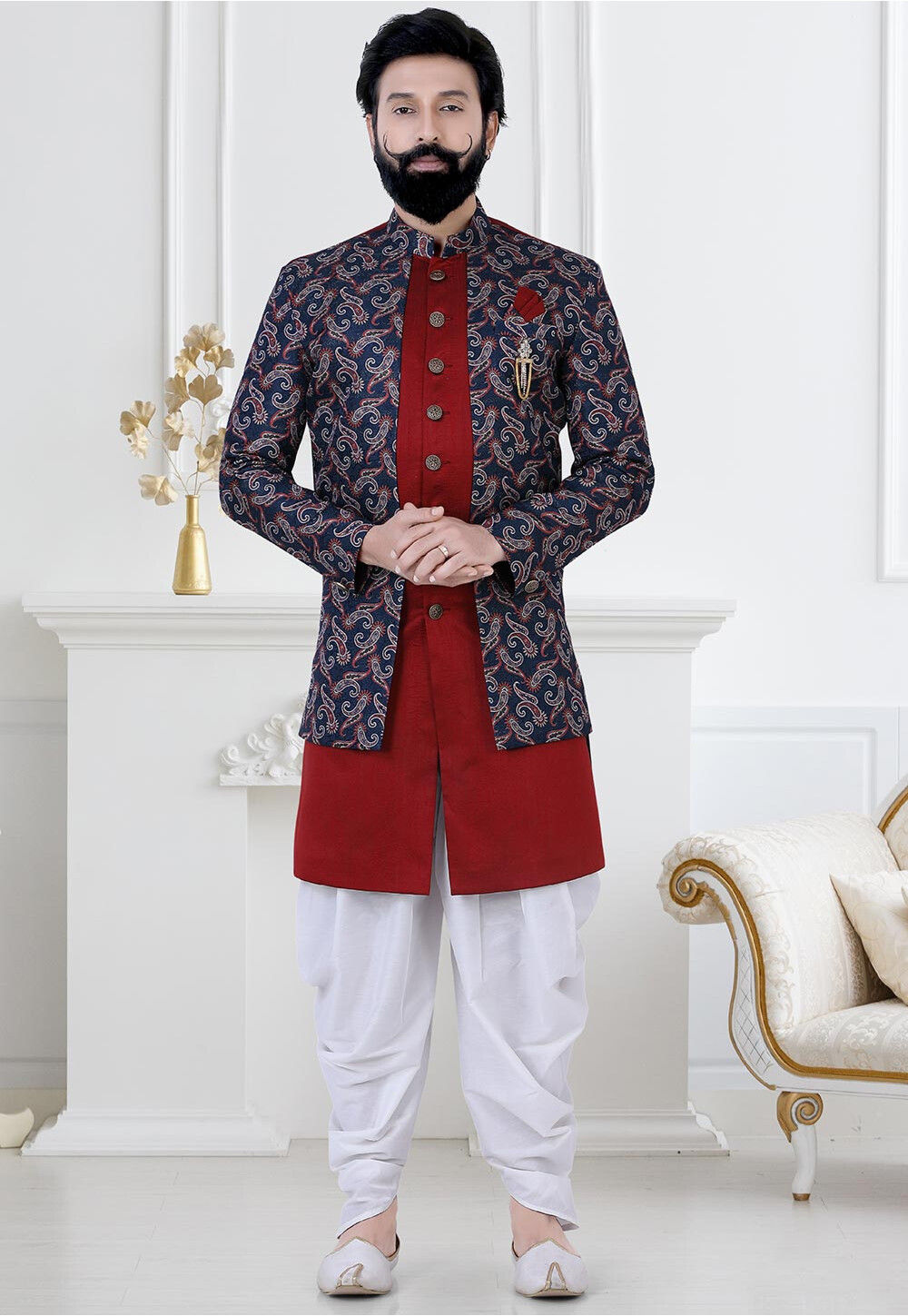 Buy Woven Art Silk Jacquard Layered Sherwani in Navy Blue and Red ...