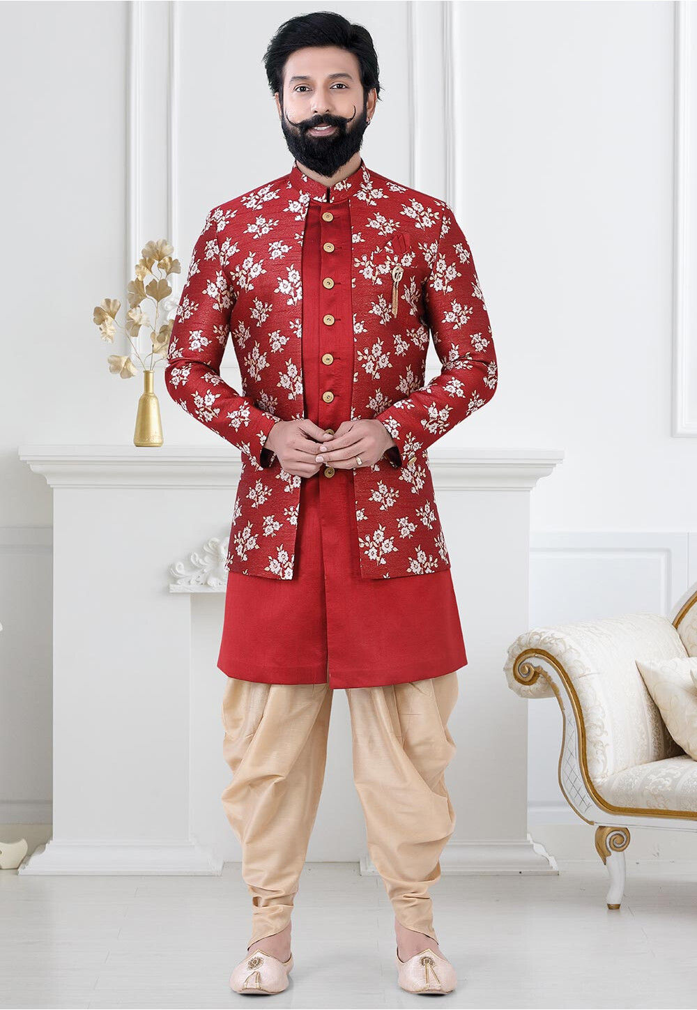 Buy Woven Art Silk Jacquard Layered Sherwani in Red Online : MUY631 - Utsav Fashion
