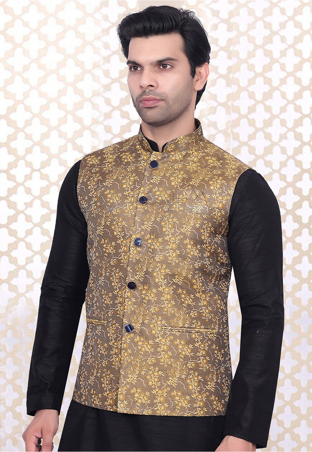 Buy Woven Art Silk Jacquard Nehru Jacket in Beige Online : MHG2613 - Utsav Fashion