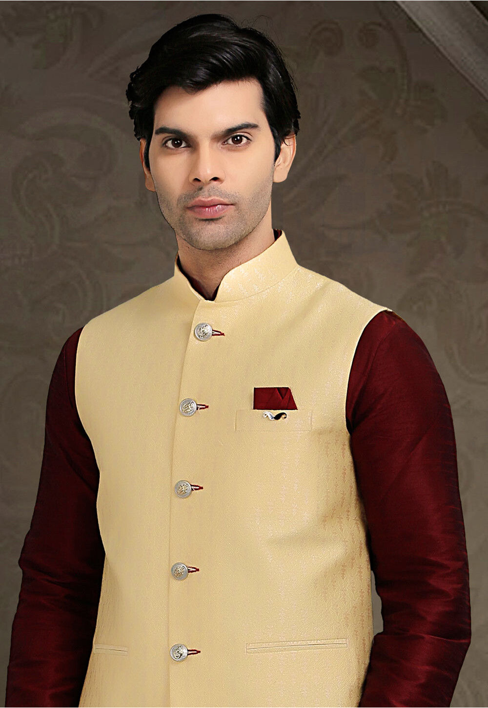 Buy Woven Art Silk Jacquard Nehru Jacket in Beige Online : MHG3186 - Utsav Fashion