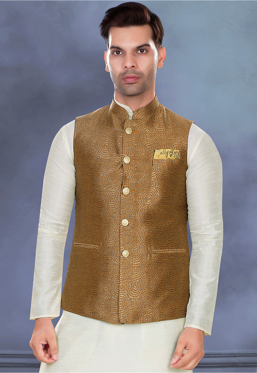 Buy Woven Art Silk Jacquard Nehru Jacket in Dark Beige Online : MHG2328 - Utsav Fashion