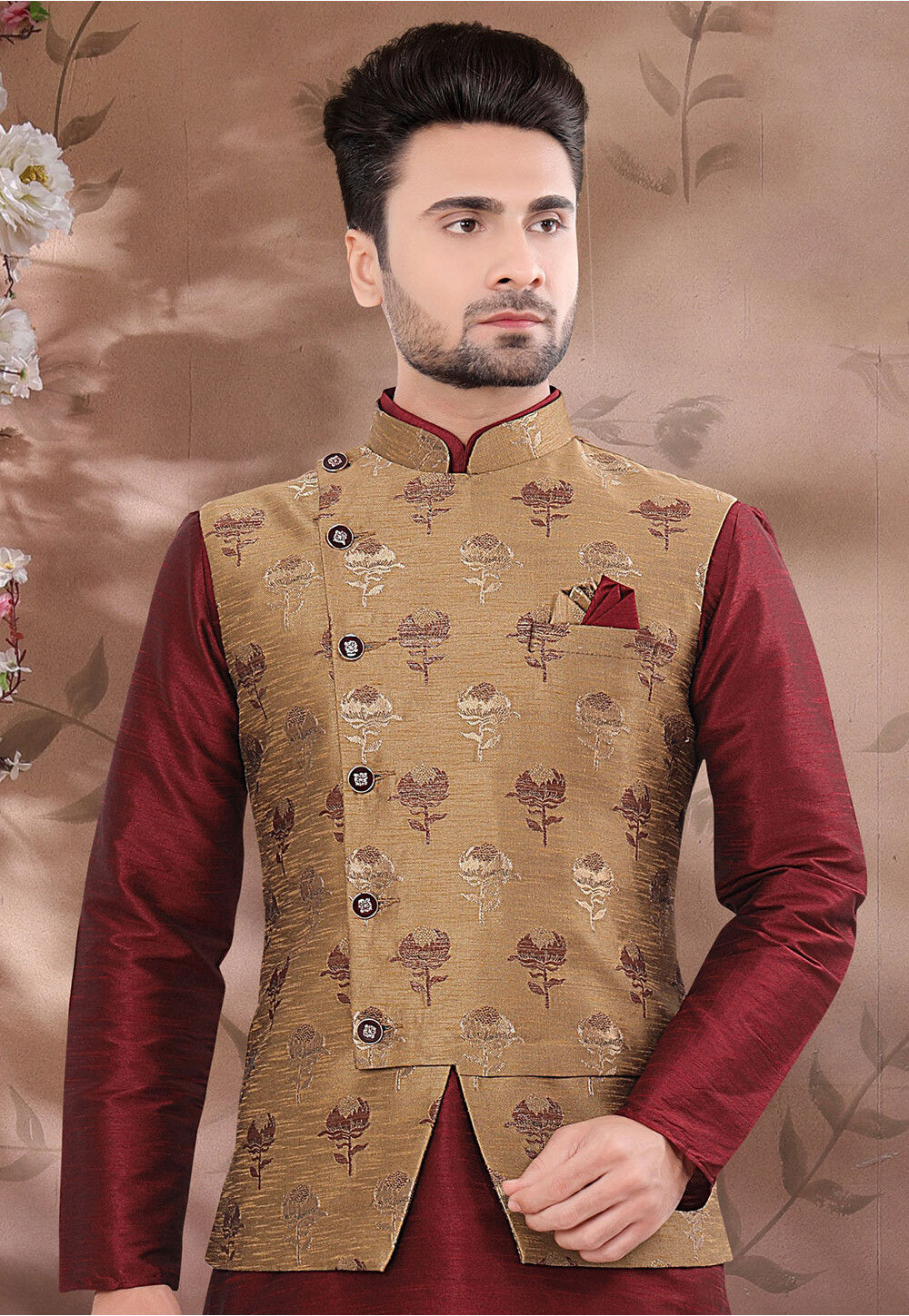 Buy Woven Art Silk Jacquard Nehru Jacket in Dark Beige Online : MHG2645 - Utsav Fashion