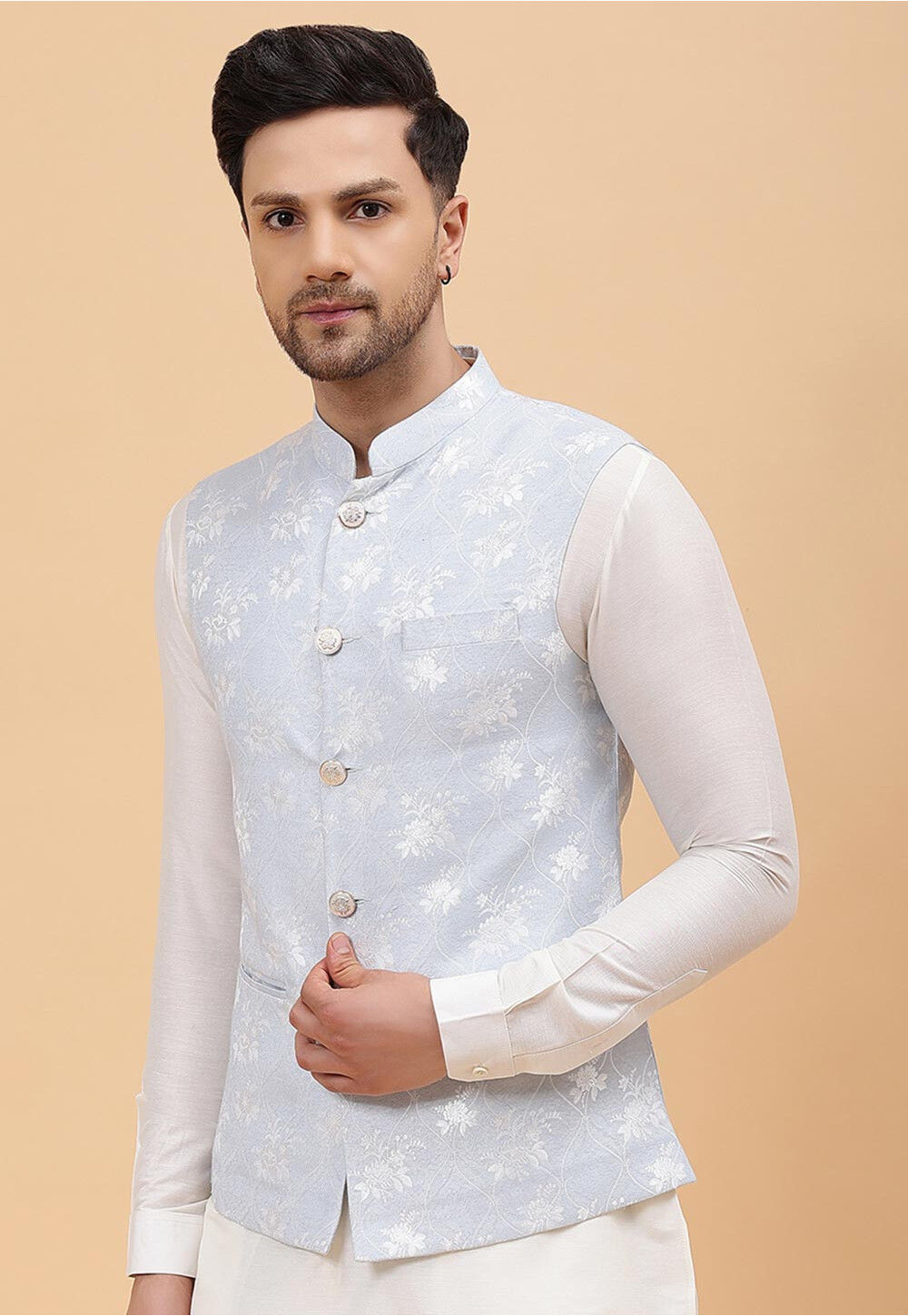 Buy Woven Art Silk Jacquard Nehru Jacket in Sky Blue Online : MEE1883 ...