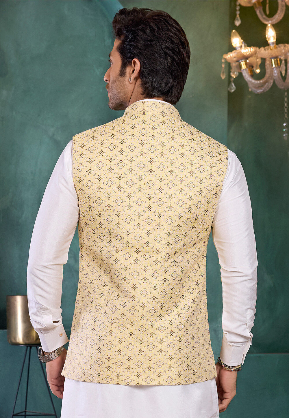 Buy Woven Art Silk Jacquard Nehru Jacket in Yellow Online : MLY3265 ...