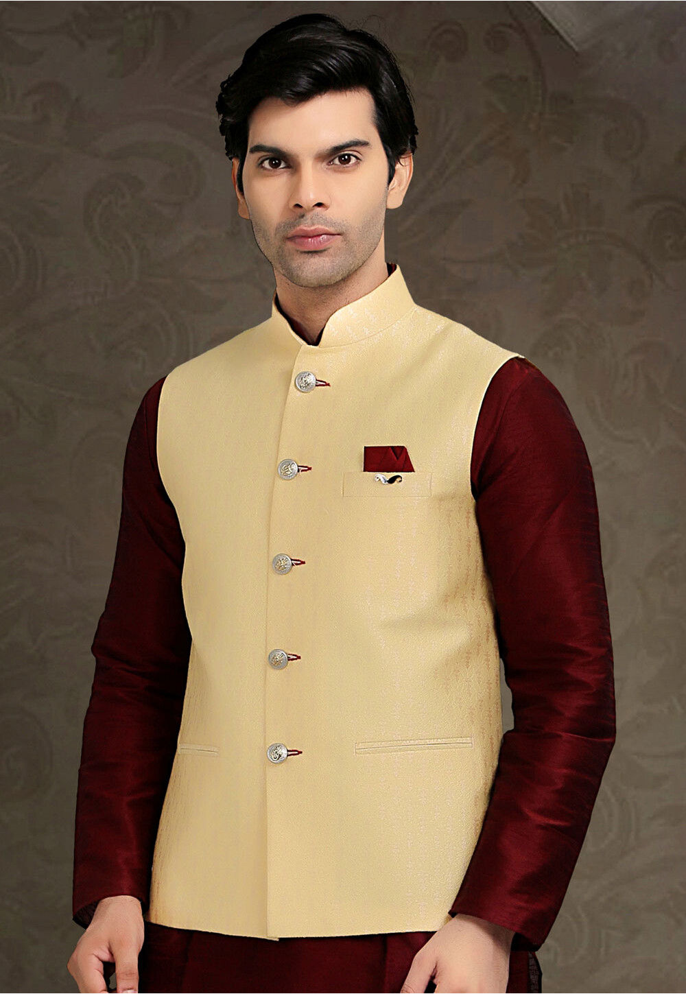 Buy Woven Art Silk Jacquard Nehru Jacket in Yellow Online : MTN167 ...