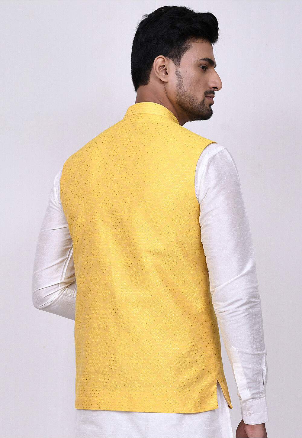 Buy Woven Art Silk Jacquard Nehru Jacket in Yellow Online : MTX1861 ...
