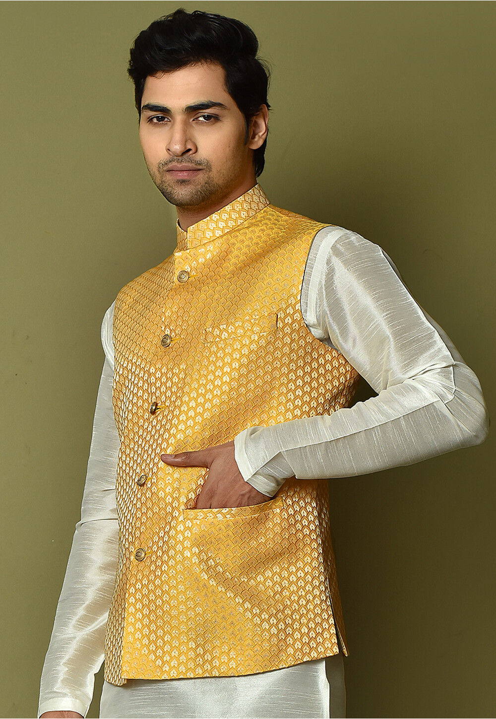 Buy Woven Art Silk Jacquard Nehru Jacket in Yellow Online : MTX2358 ...