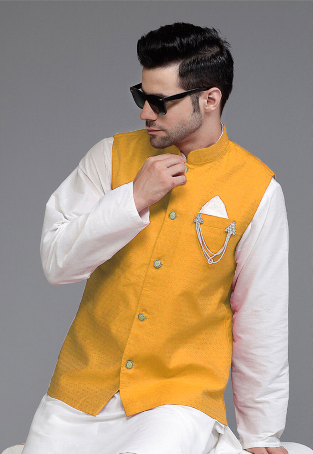 Buy Woven Art Silk Jacquard Nehru Jacket in Yellow Online : MXX546 ...