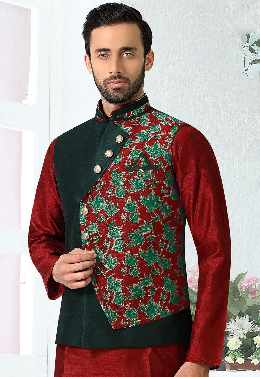 Buy Woven Art Silk Jacquard Overlapping Nehru Jacket in Green and ...