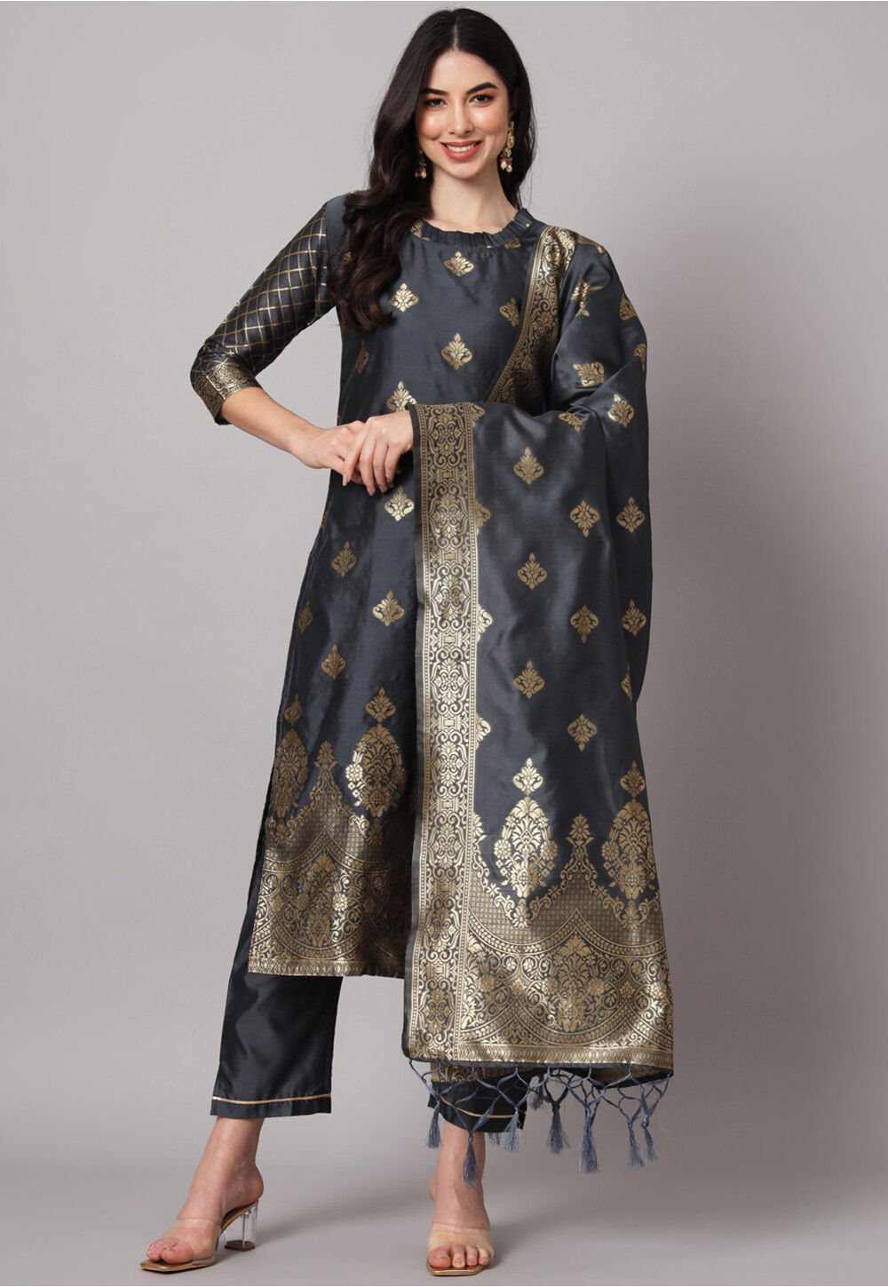 Buy Woven Art Silk Jacquard Pakistani Suit in Grey Online : KBNQ6815 ...