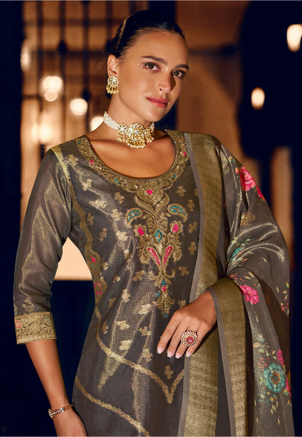 Buy Woven Art Silk Jacquard Pakistani Suit in Grey Online : KVG836 ...