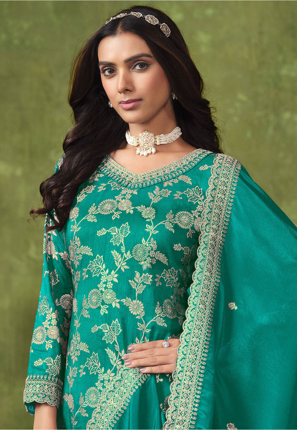 Buy Woven Art Silk Jacquard Pakistani Suit in Turquoise Online ...