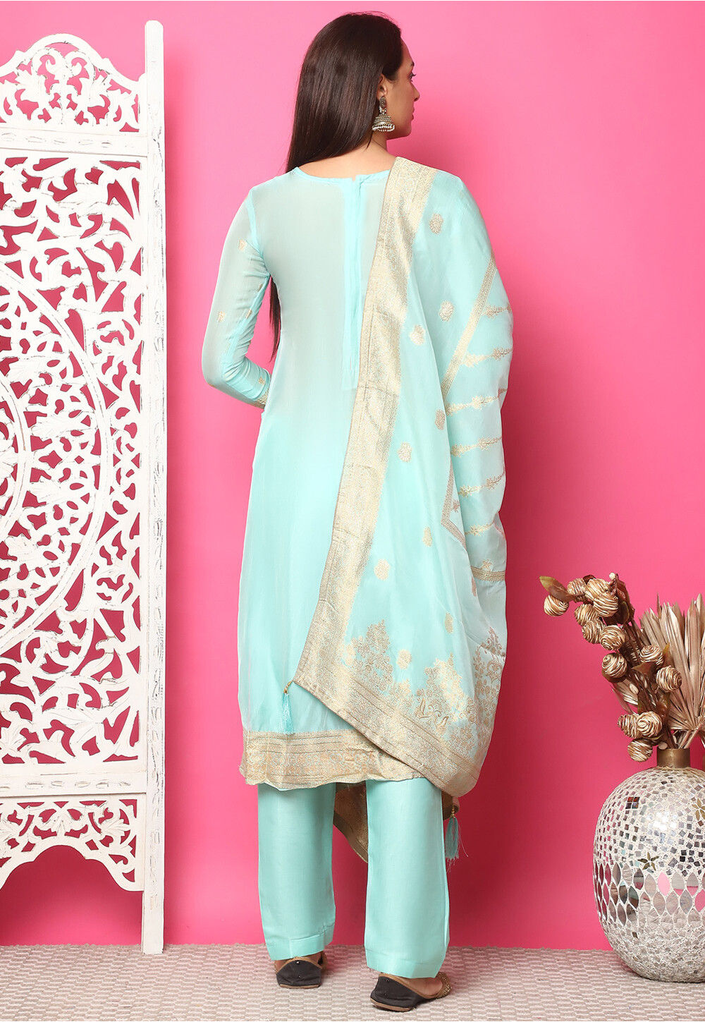 Buy Woven Art Silk Jacquard Pakistani Suit in Turquoise Online ...